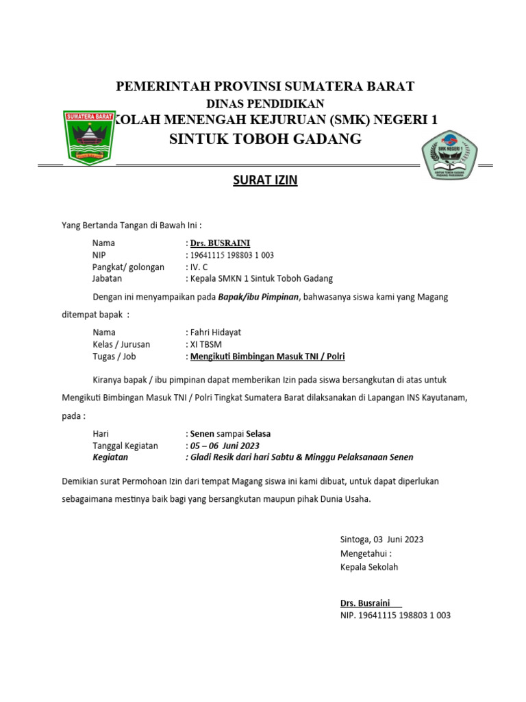 Surat Izin Dari Tempat Magang Untuk TNI POLRI | PDF