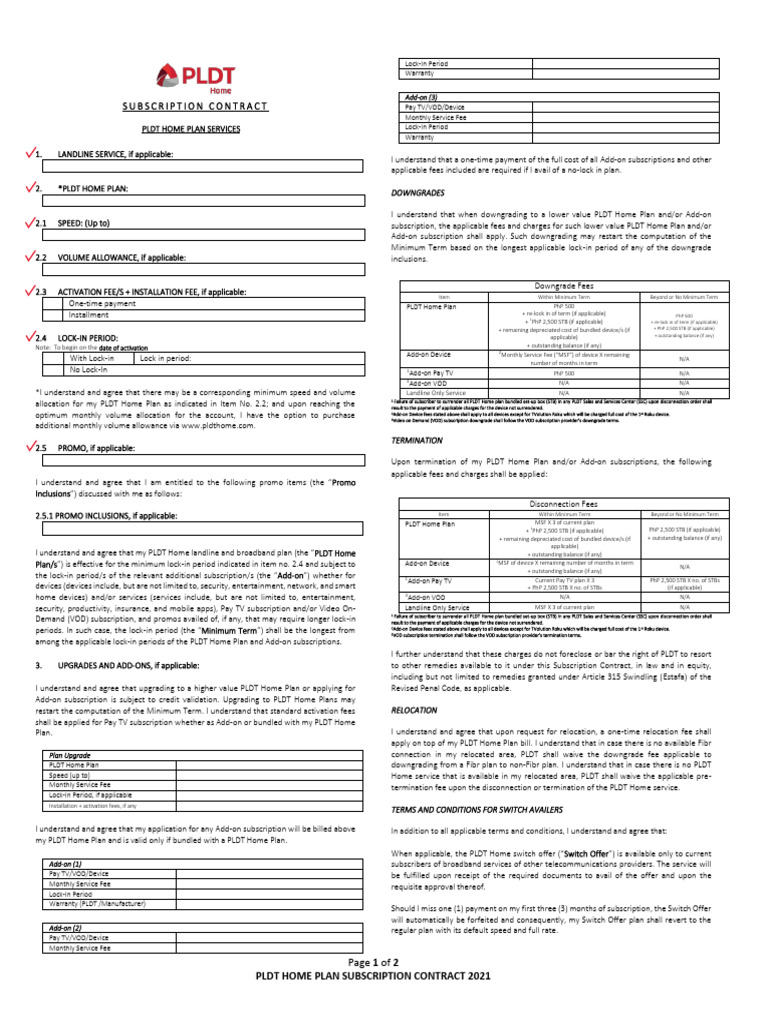 PLDT Home Plan Subscription Contract 2021 | PDF | Subscription Business ...