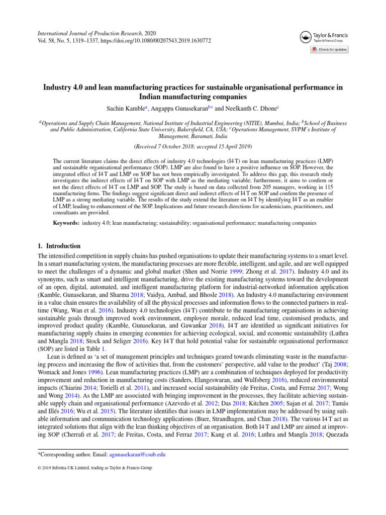 Industry 4.0 and Lean Manufacturing Practices For Sustainable Organisational Performace in ...