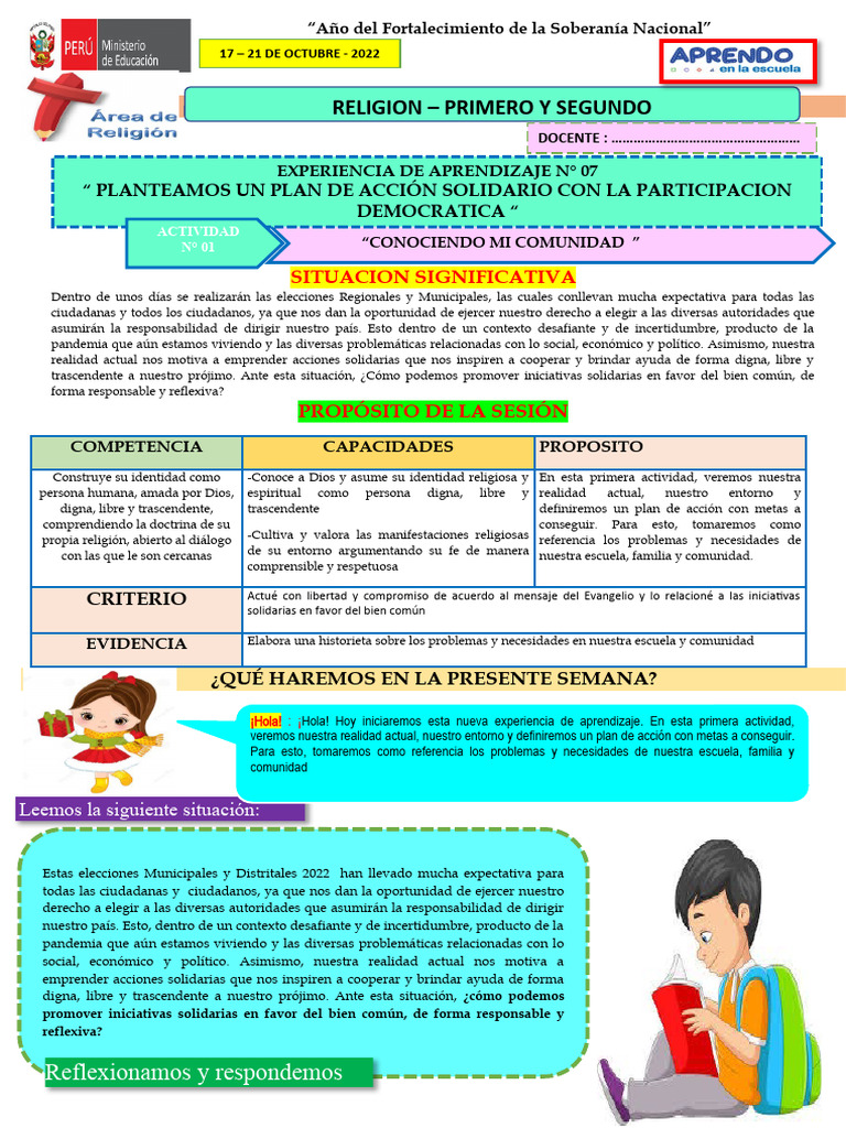 Experiencia de Aprendizaje #07 - Actividad #01 - 1ero y 2do - Religion | PDF