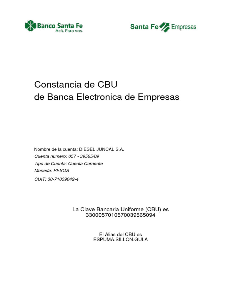 Constancia CBU Diesel Juncal S.A. | PDF