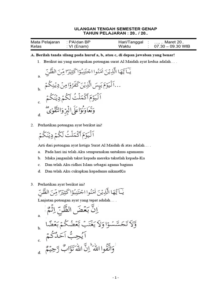 Ujian PAI Kelas 6 Semester Genap | PDF | Olahraga & Rekreasi