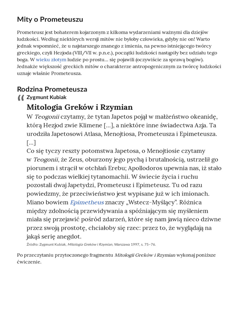 Mitologia Greków I Rzymian: Mity o Prometeuszu | PDF