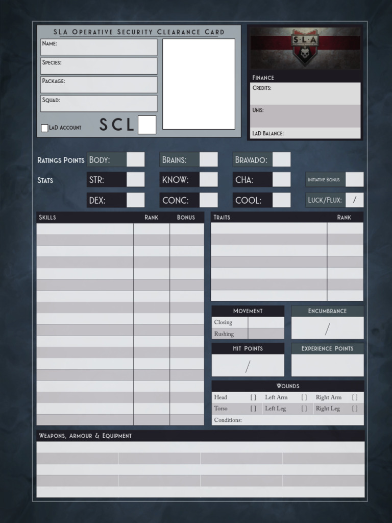 SLA Industries Character Sheet | PDF