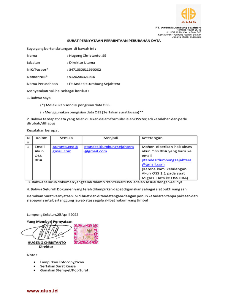Surat Pernyataan Permintaan Perubahan Data OSS RBA | PDF