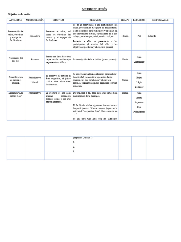 Matriz de Sesión - Ejemplo 2 | PDF