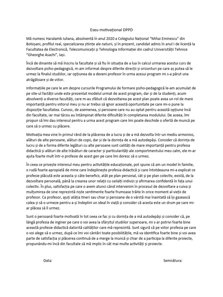 Eseu Motivațional DPPD | PDF