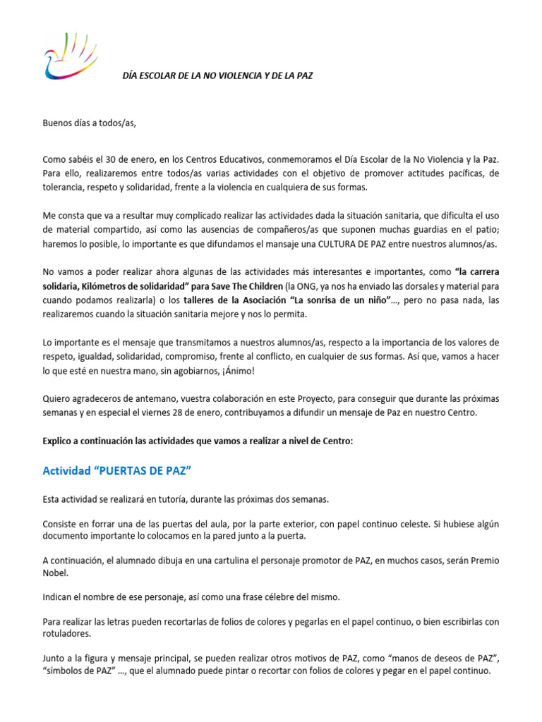 Actividades Día Escolar de La Paz y La No Violencia | PDF