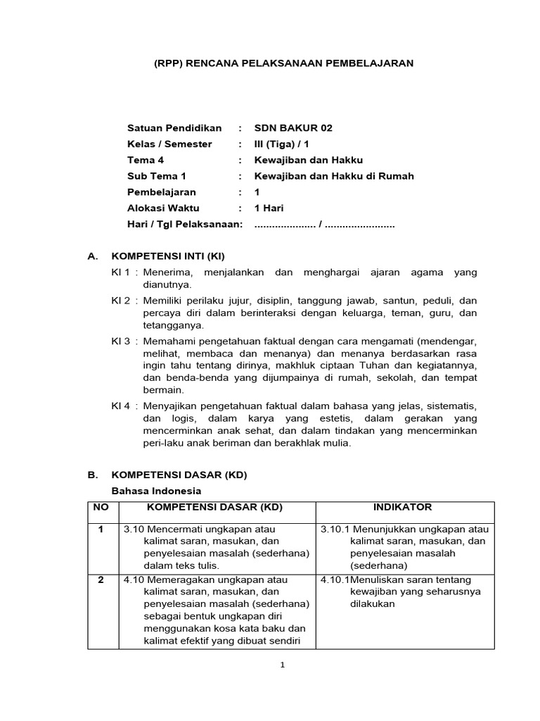 RPP K3 Tema 4 ST 1 Rev. 2018 | PDF