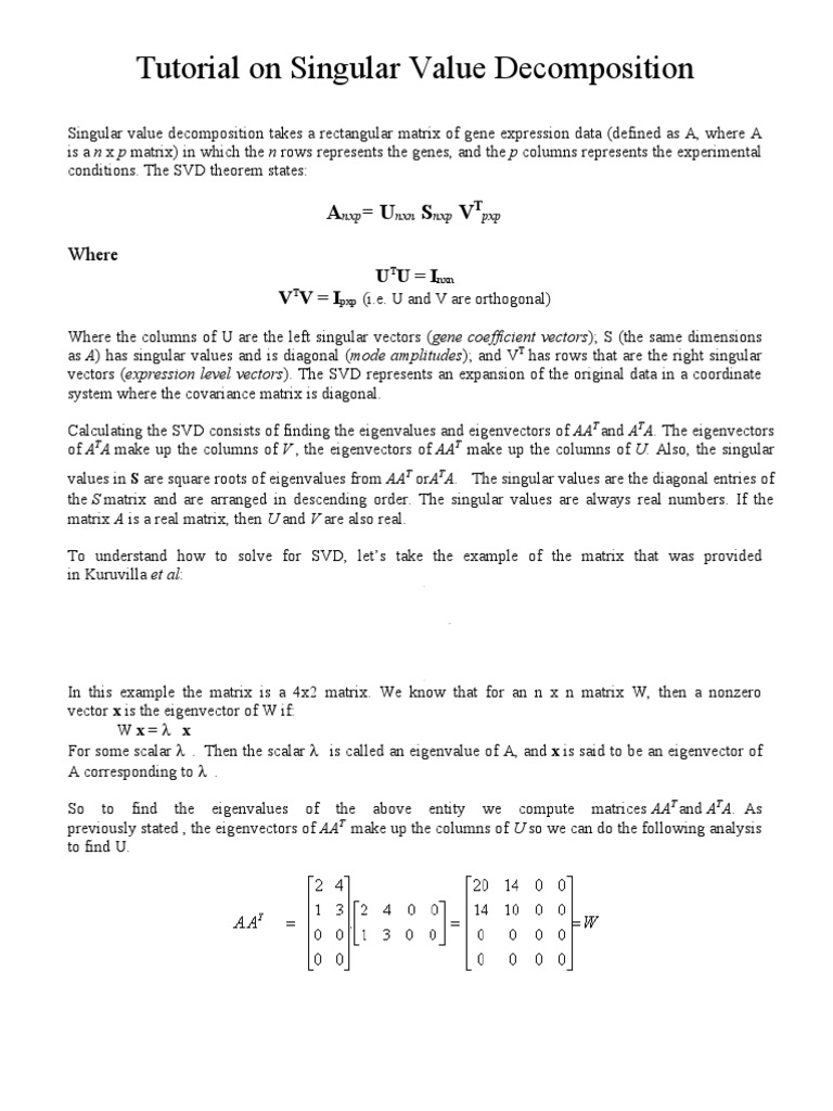 Tutorial On Singular Value Decomposition | PDF | Eigenvalues And Eigenvectors | Matrix (Mathematics)
