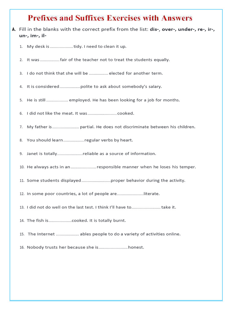 Prefixes and Suffixes Exercises With Answers | PDF