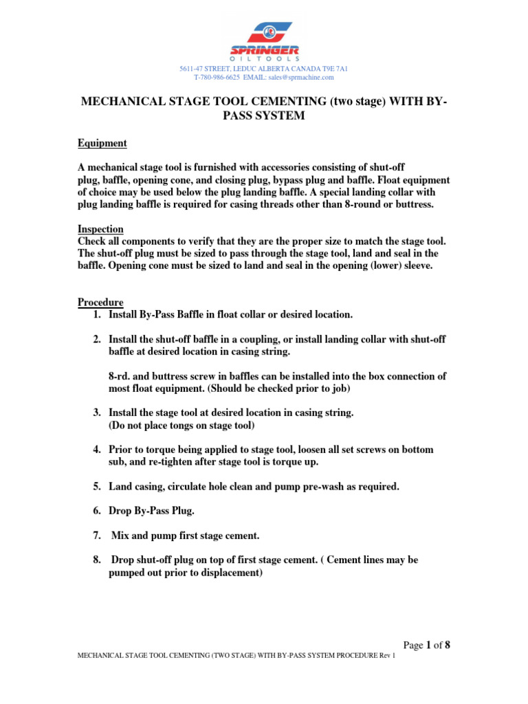 Mechanical Stage Tool Cementing (Two Stage) With By-Pass System | PDF
