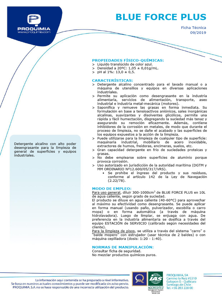 Ficha Técnica de Blue Force Plus | PDF | Detergente | Agua