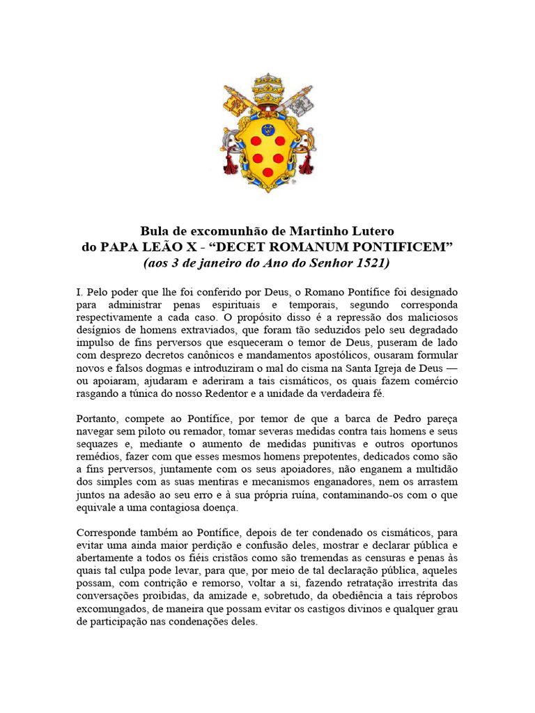 Bula Do Papa Leão X - Decet Romanum Pontificem, Escomungando Martinho ...
