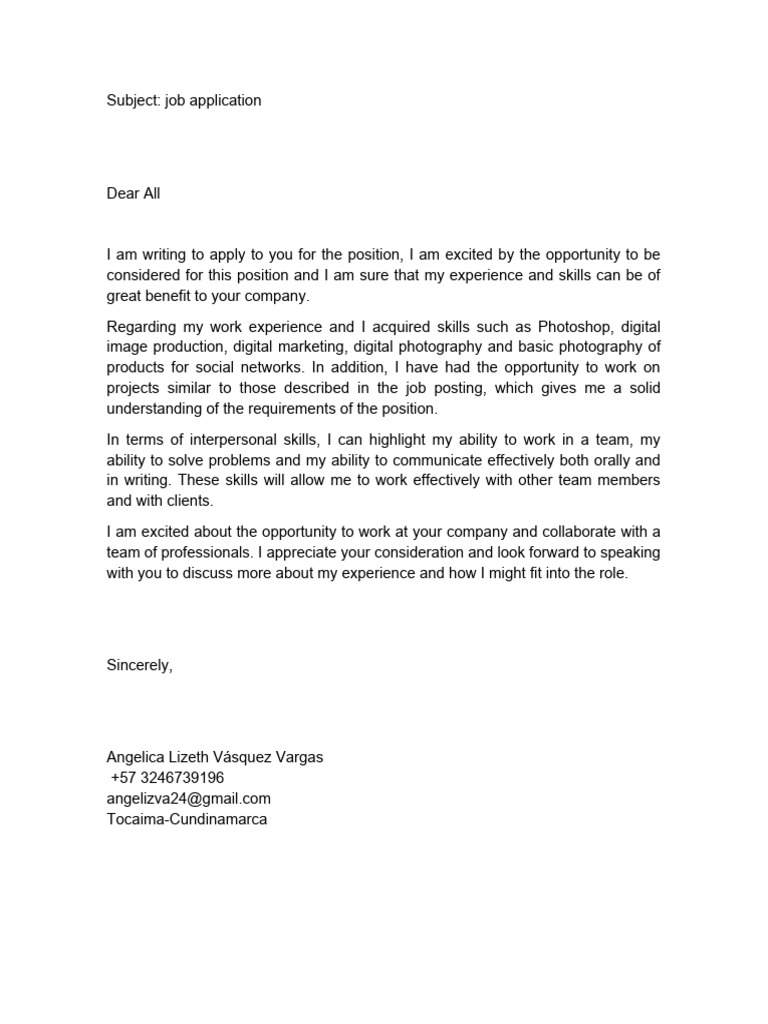 Documento Escrito Postulacion de Trabajo (Ingles) | PDF