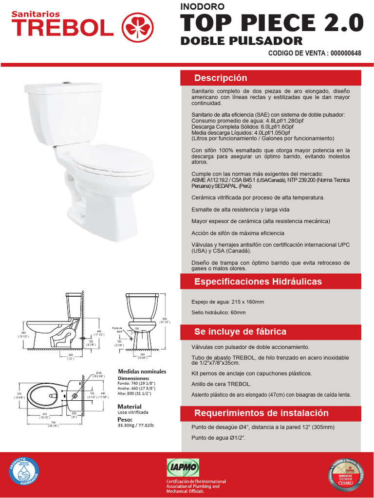 Ficha Tecnica Inodoro Top Piece | PDF