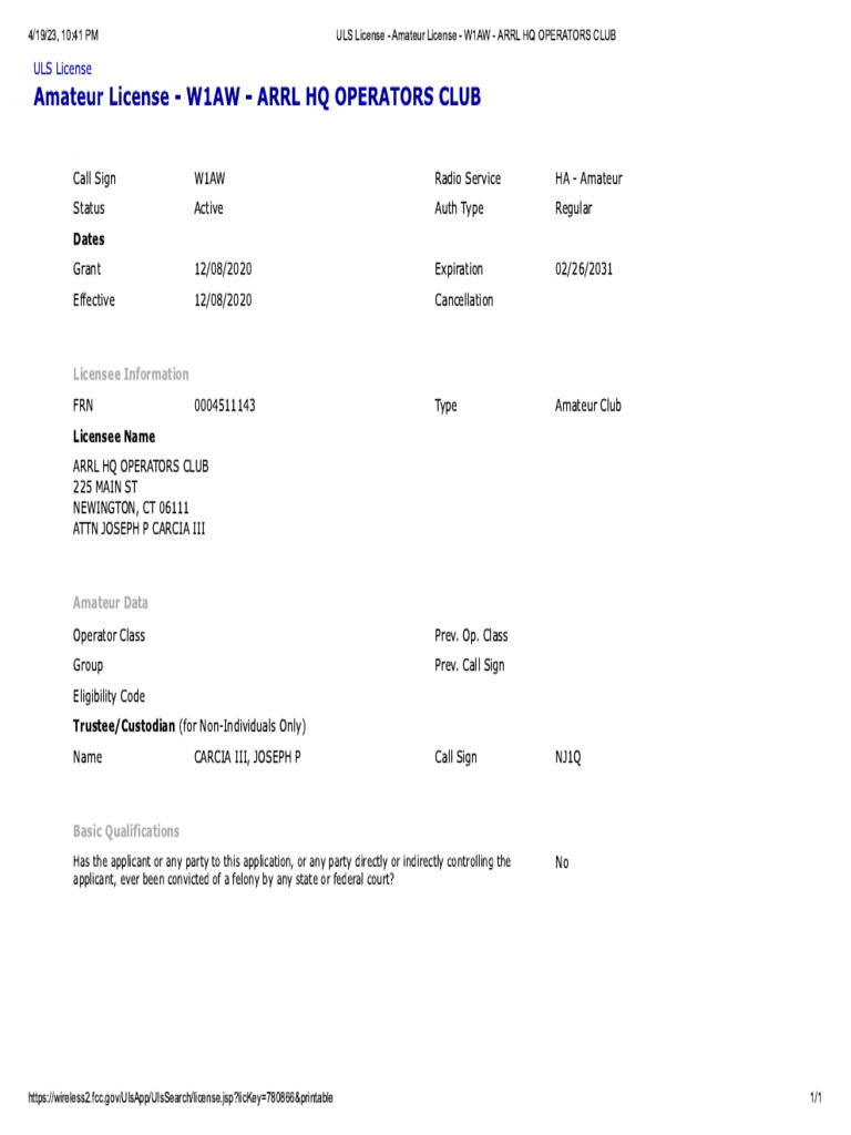 ULS License - Amateur License - W1AW - ARRL HQ OPERATORS CLUB | PDF