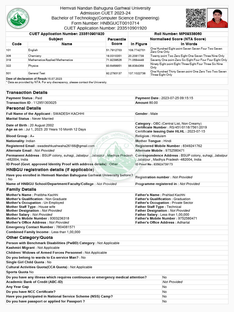 HNB Garhwal University B.Tech Admission 2024 | PDF