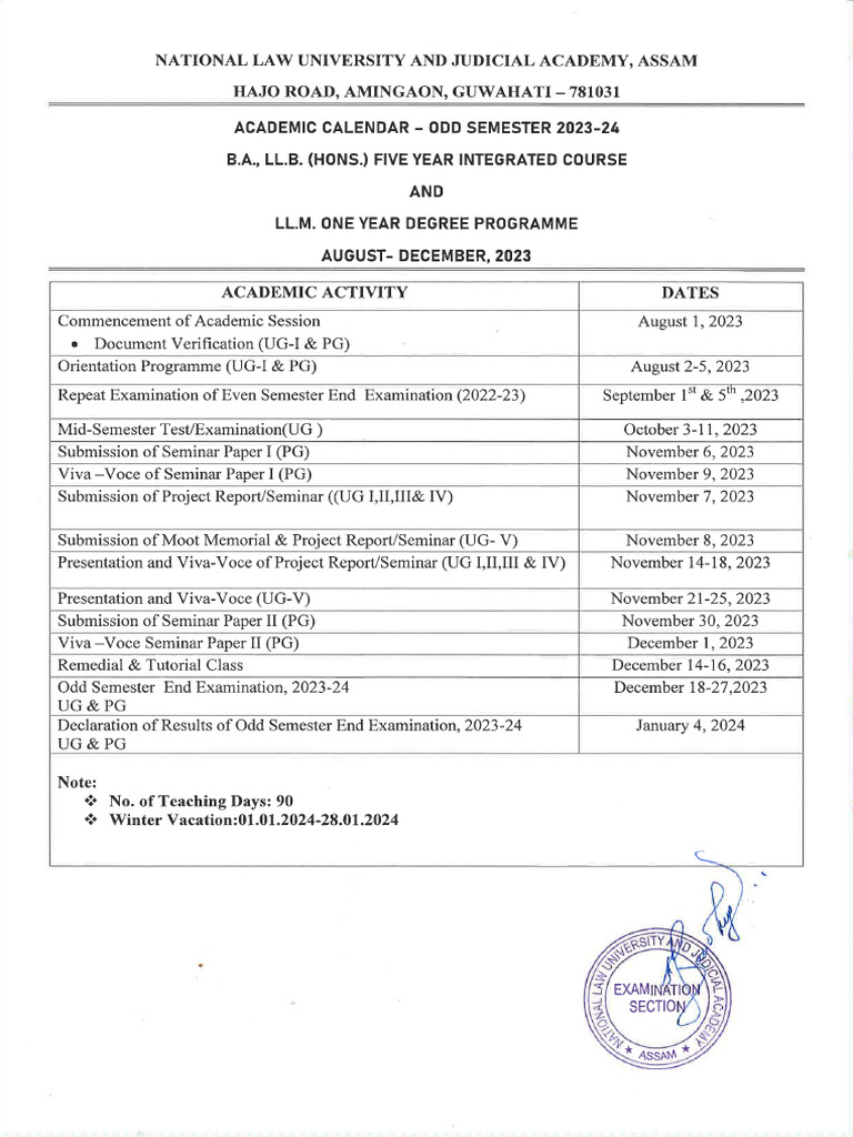 Academic Calender of Odd Semester 2023-24 | PDF