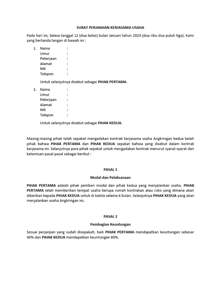 Surat Perjanjian Kerjasama Usaha Jung Pdf