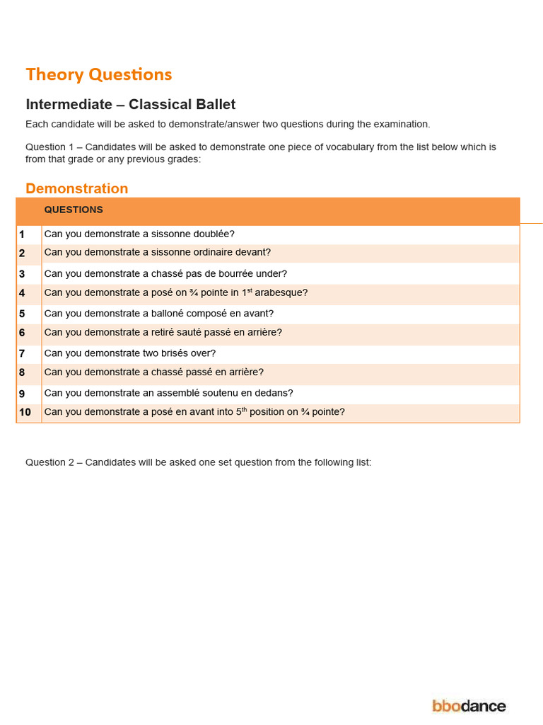 Bbodance Theory Question Intermediate Classical Ballet - TEACHER | PDF