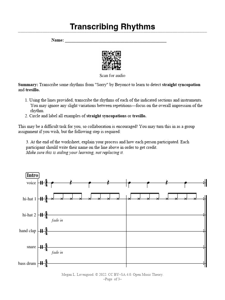 Transcribing Rhythms Worksheet | Download Free PDF | Song Structure ...