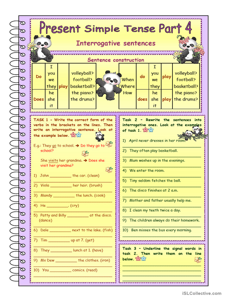 Present Simple Tense - Part 4 - Interrogative Sentences - 3 Pages - 9 Tasks - With Key | PDF