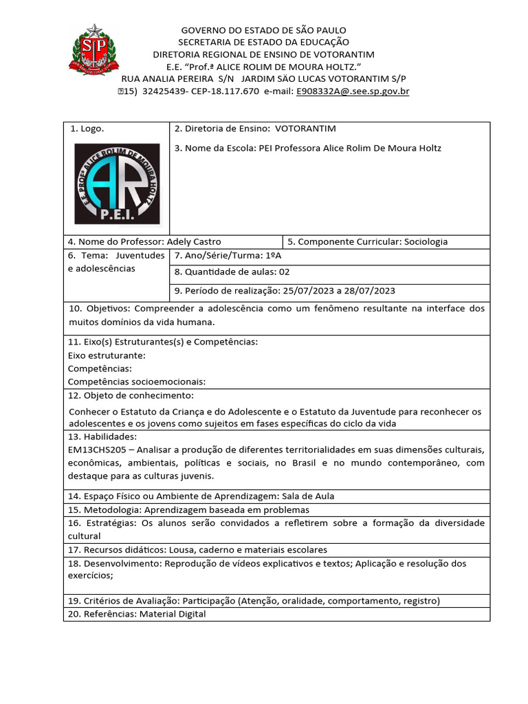 Sociologia: Temas e Metodologias na E.E. Alice Holtz | PDF | Estudos de ...