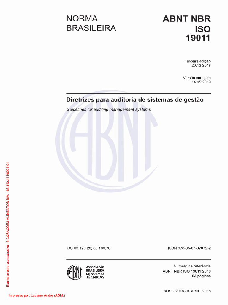 ABNT NBR ISO 19011 2018-2019 - Diretrizes para Auditorias de Sistema de ...