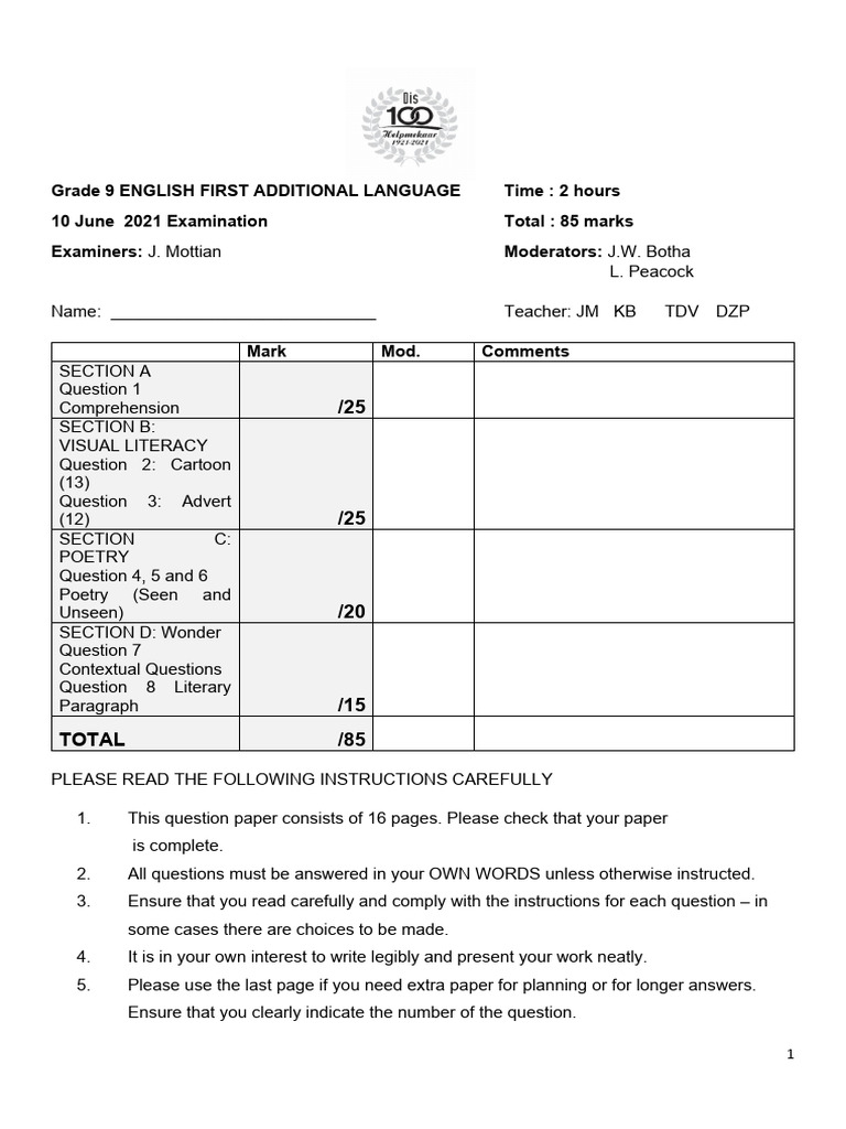 Grade 9 June Exam 2021 | PDF
