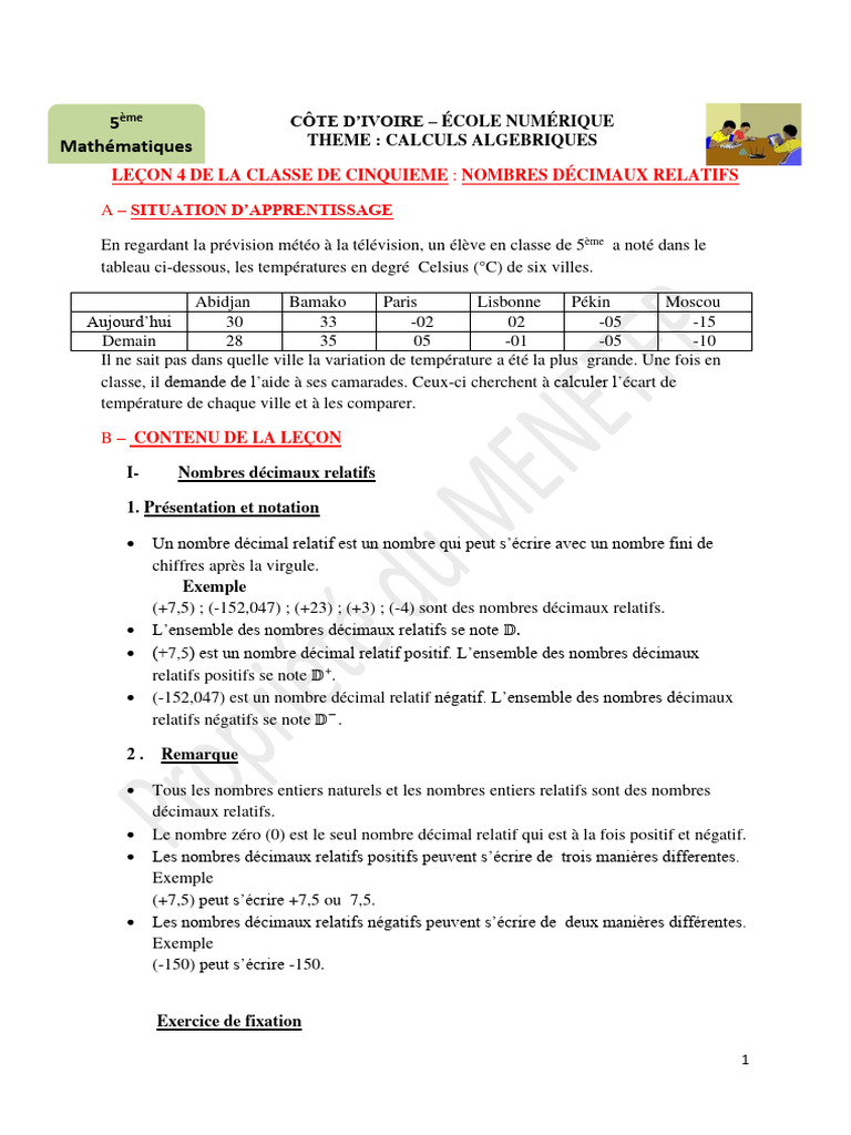 Math 5ème Léçon 4 Nombre Decimaux Relatifs | PDF