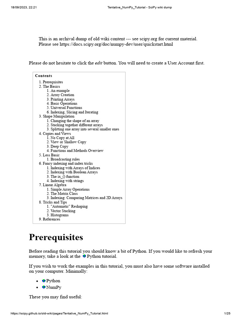 Tentative_NumPy_Tutorial - SciPy Wiki Dump | PDF