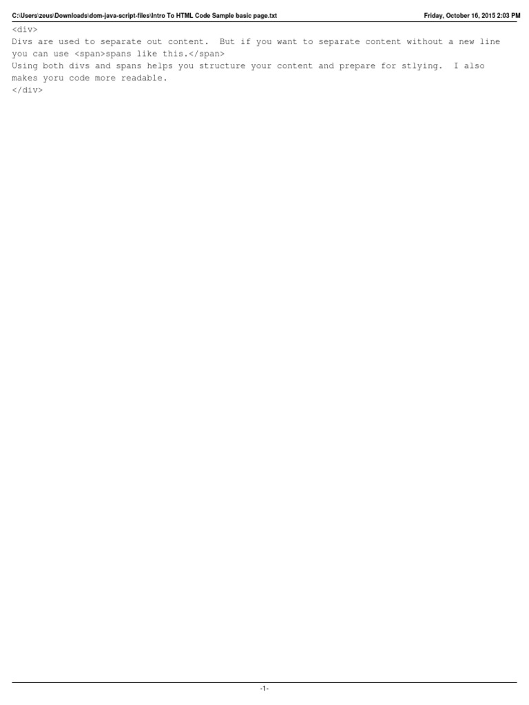 Intro To Html Code Sample Using Divs And Spans Pdf