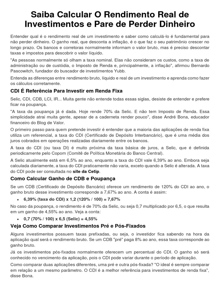Calcule o Rendimento Real de Investimentos | PDF | Comprovante de ...