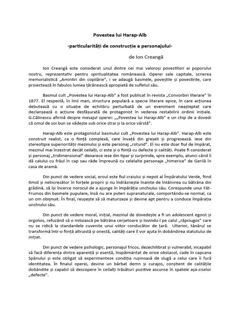Povestea Lui Harap-Alb - Particularități de Construcție A Personajului | PDF