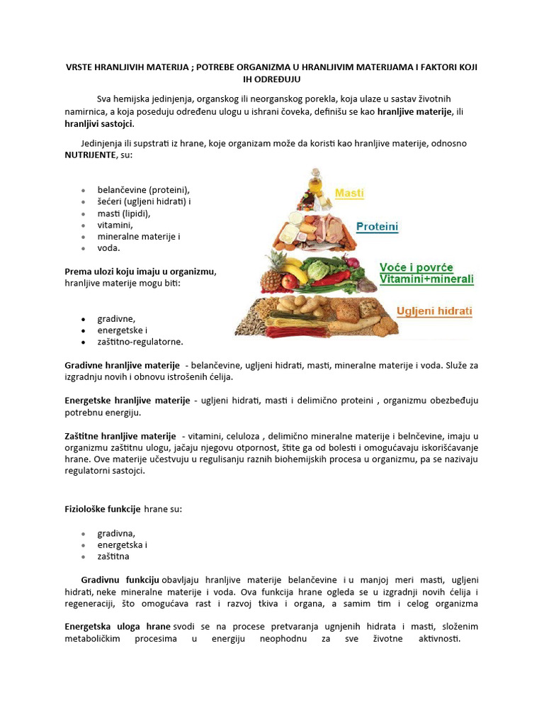 Vrste Hranljivih Materija Potrebe Organizma Za Hranljivim Materijama I ...