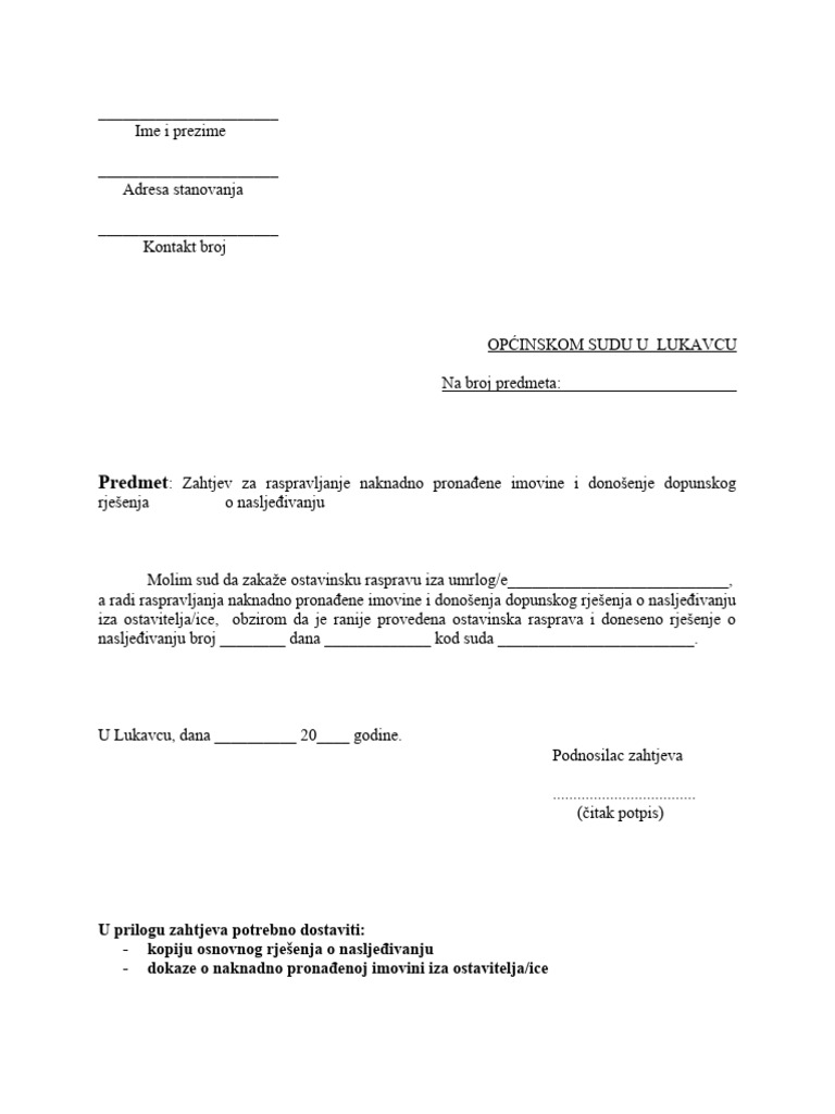 Za Dopunsko Rjeenje o Nasljeivanju | PDF