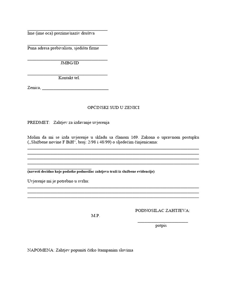 ZAHTJEV ZA IZDAVANJE UVJERENJA-DR.SVRHE | PDF