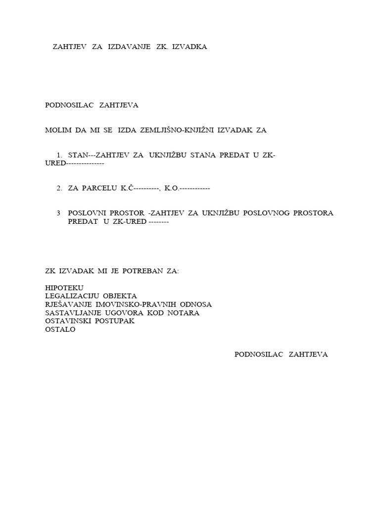 Obrazac Zahtjeva Za Izdavanje ZK Izvatka | PDF