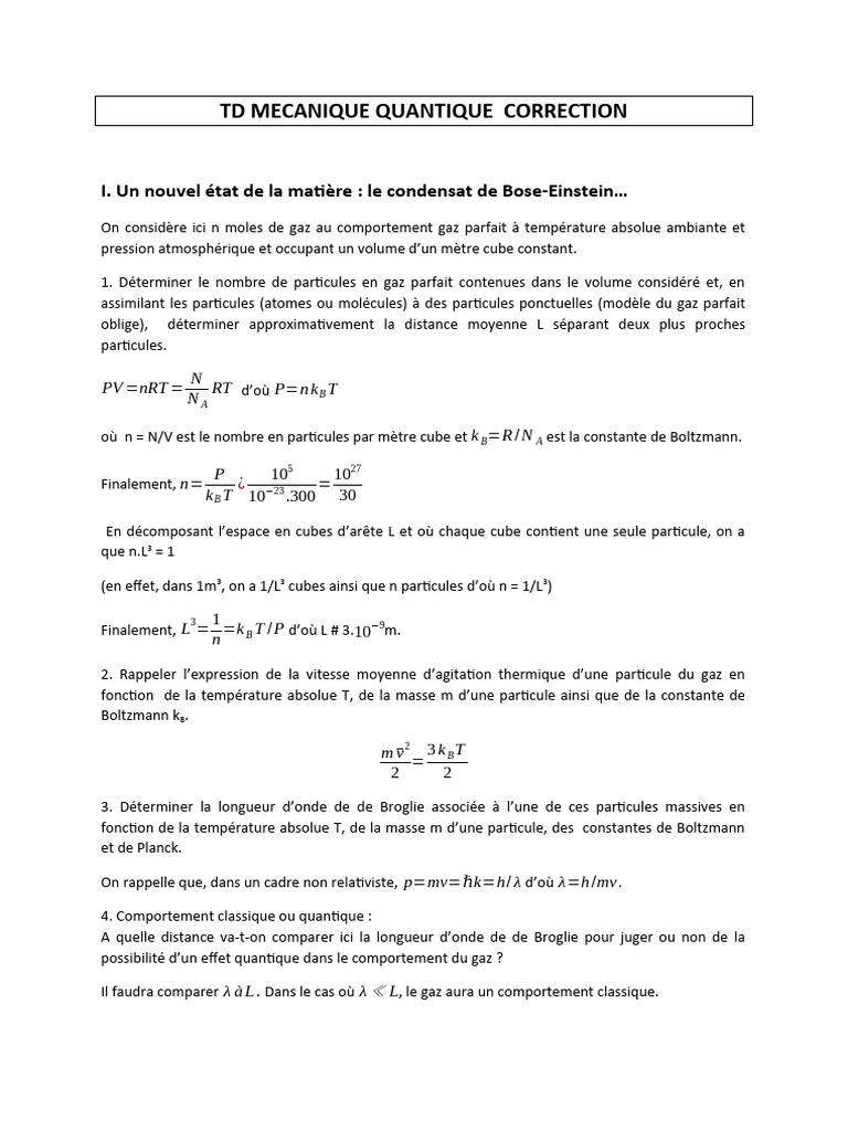 TD Mecanique Quantique Correction | PDF