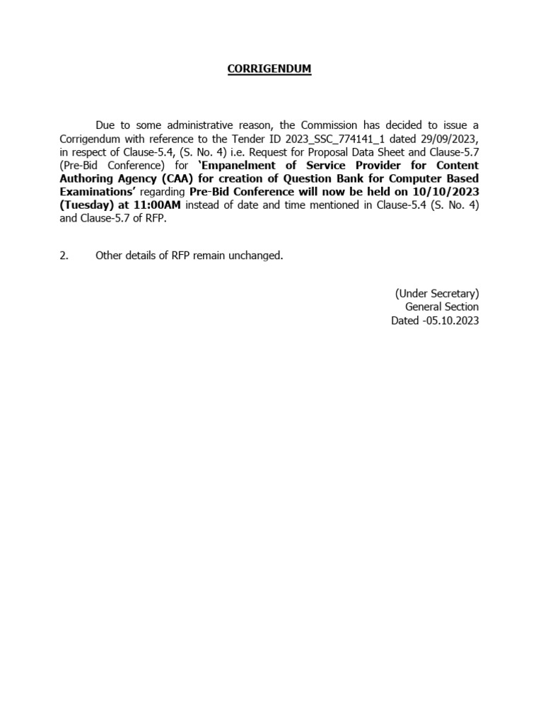 Corrigendum RFP CAA 05102023 | PDF
