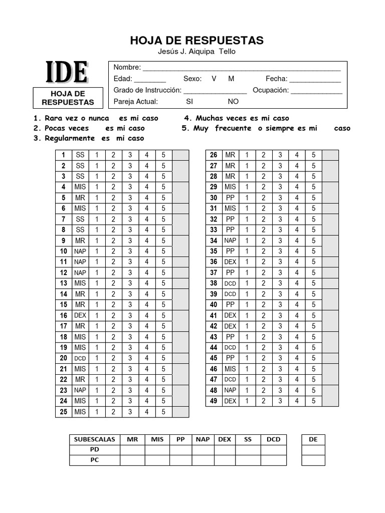 TEST IDE HOJA RESPUESTAS Y PERFIL | PDF