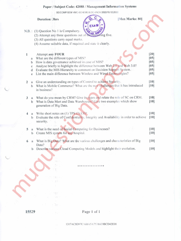 Be - Computer Engineering - Semester 7 - 2022 - December - Iloc I Management Information System ...
