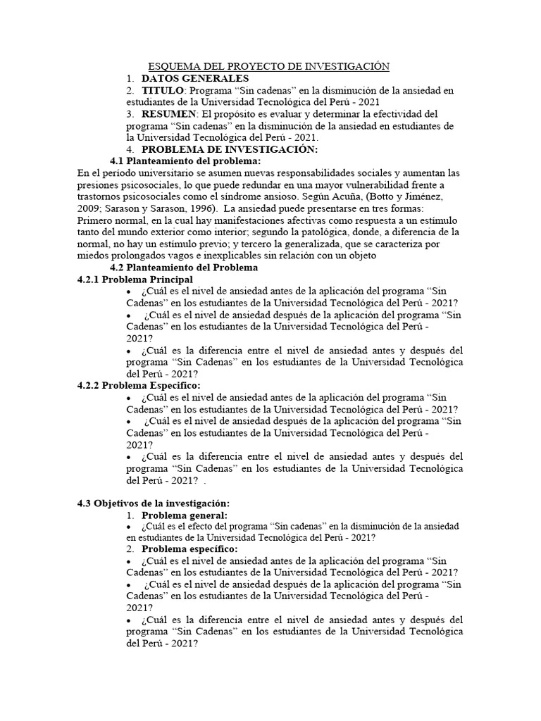 ESQUEMA DEL PROYECTO DE INVESTIGACIÓN | PDF | Ansiedad | Ciencias del comportamiento