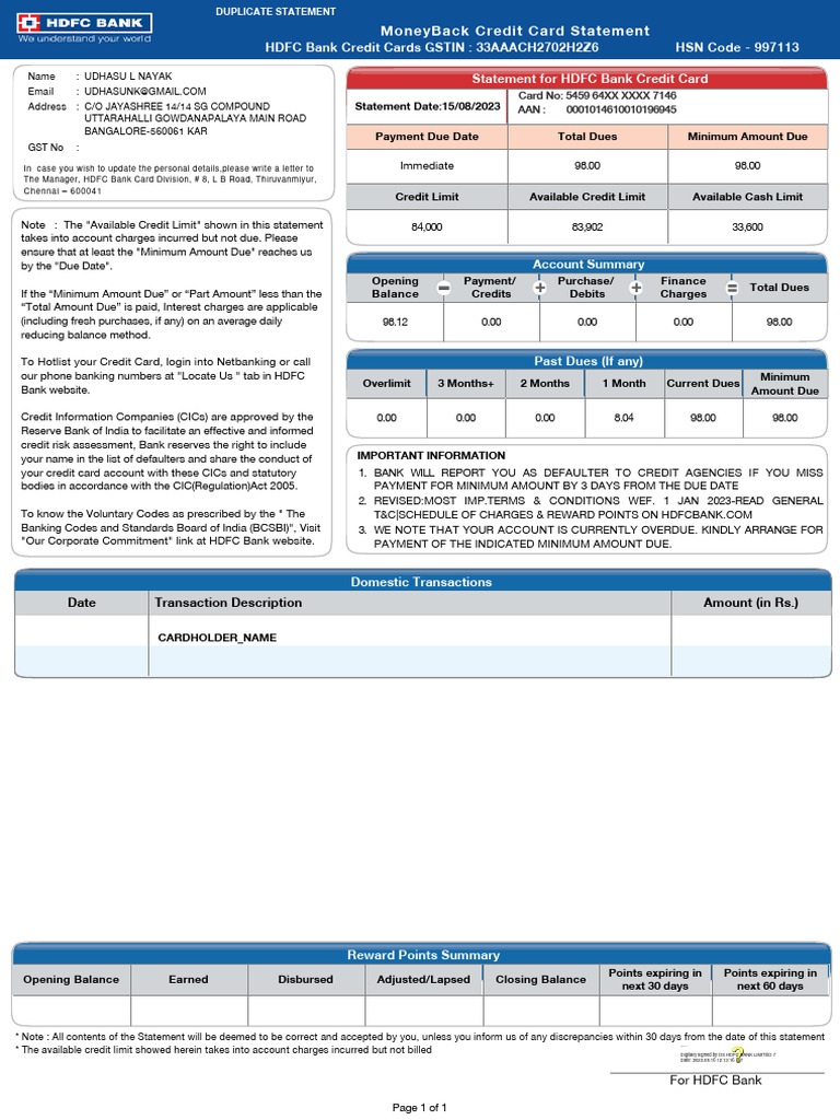 HDFC Bank Credit Card Statement Overview | PDF | Banks | Credit Card