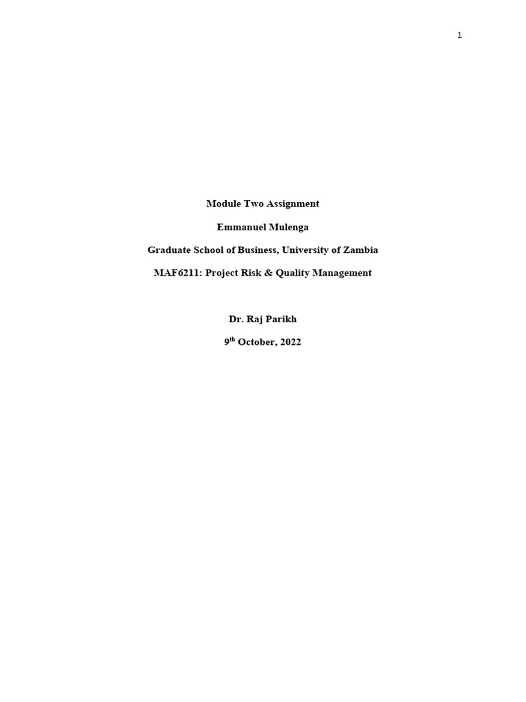 Project Risk and Quality Management-MAF 6211-Module Two Assignment | PDF