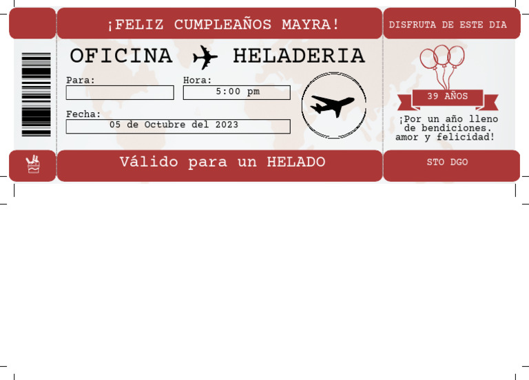 Vale Por Billete de Avión Ticket de Vuelo de Regalo de Cumpleaños ...
