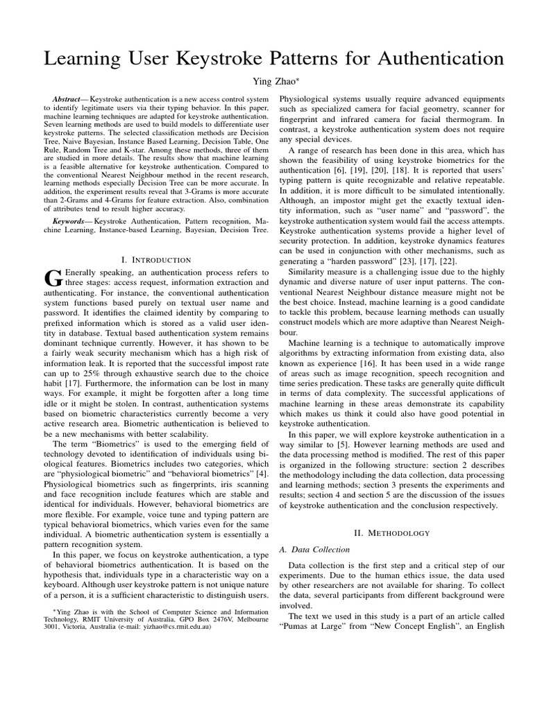 Learning User Keystroke Patterns For Authentication | PDF