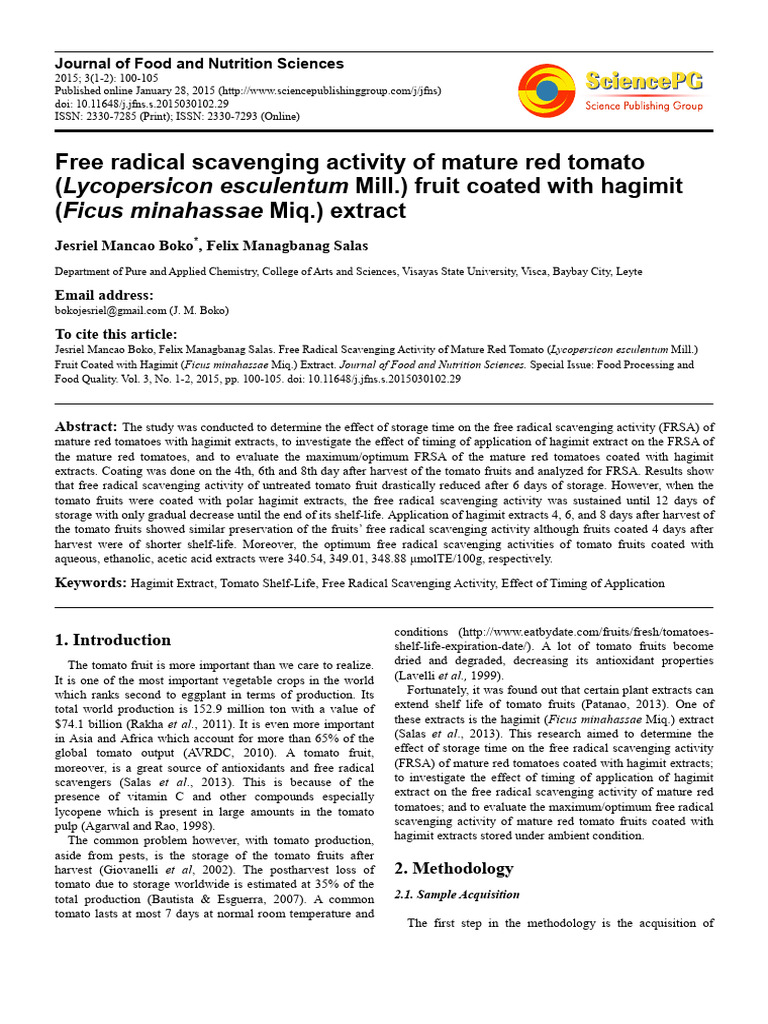 Free Radical Scavenging Activity of Mature Red Tomato (Lycopersicon ...