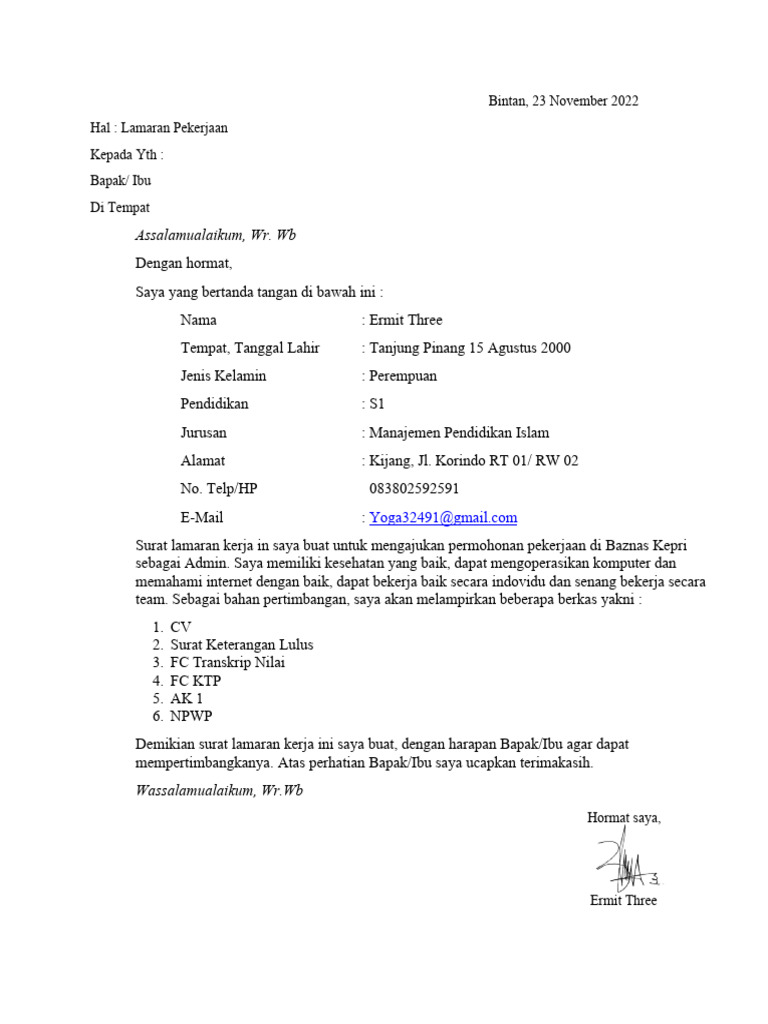 Ermit Three (Surat Lamaran Dan CV Baznas Kepri) | PDF